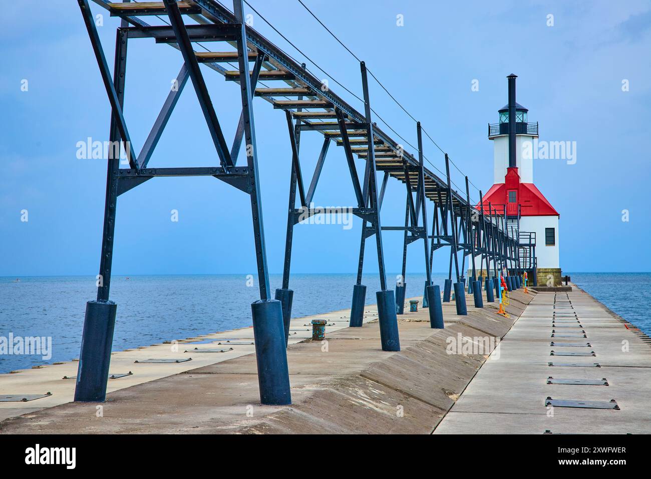 Benton Harbor Lighthouse and Pier with Catwalk Perspective Stock Photo ...