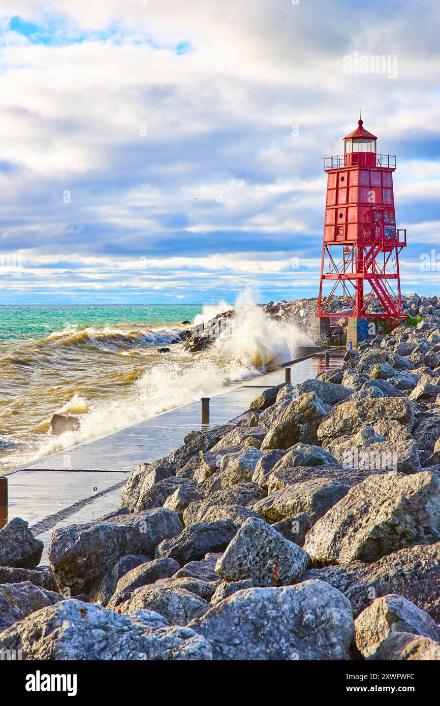 Vibrant Red Lighthouse on Rocky Shoreline with Crashing Waves at Eye ...