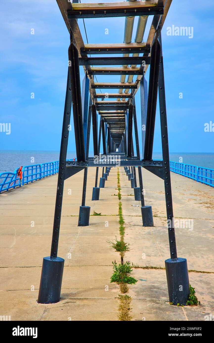 Steel Beams and Blue Railings Pier Symmetry Perspective Stock Photo - Alamy