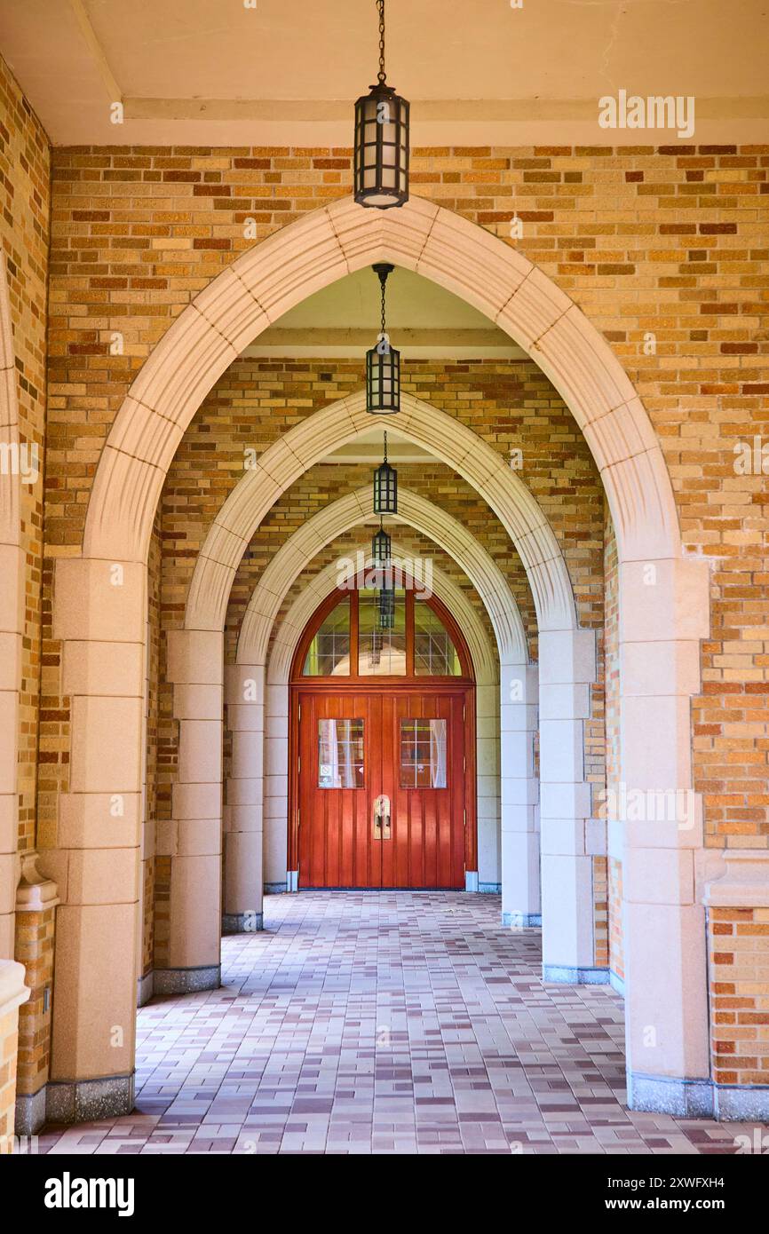 Gothic Arched Hallway with Red Doors Eye Level Perspective Stock Photo ...