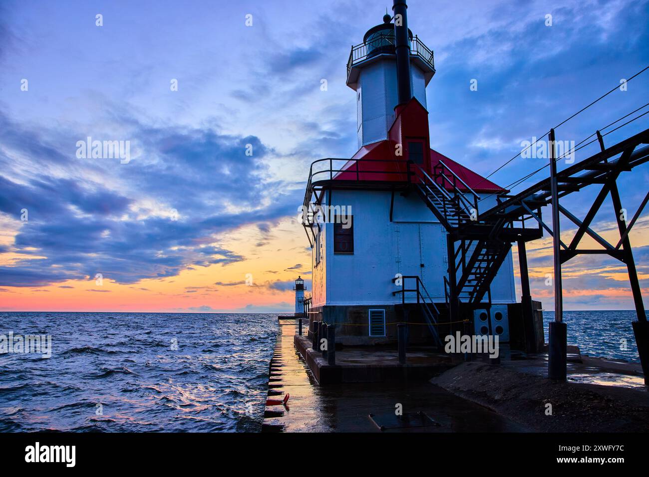 Golden Hour at St. Joseph North Pier Lighthouses Eye-Level Perspective ...