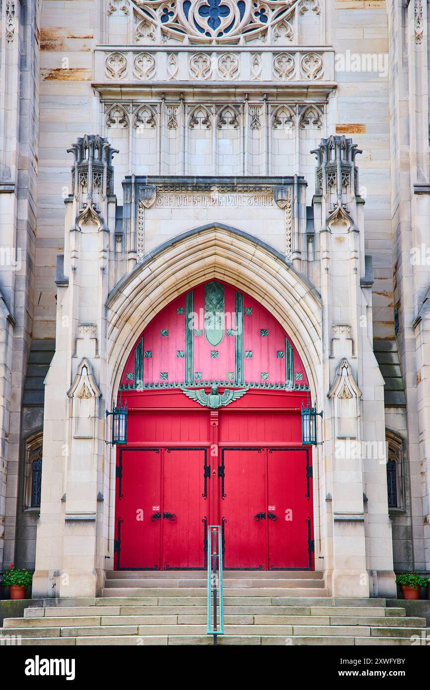 Gothic Cathedral Red Doors and Stone Archway at Eye Level Stock Photo ...