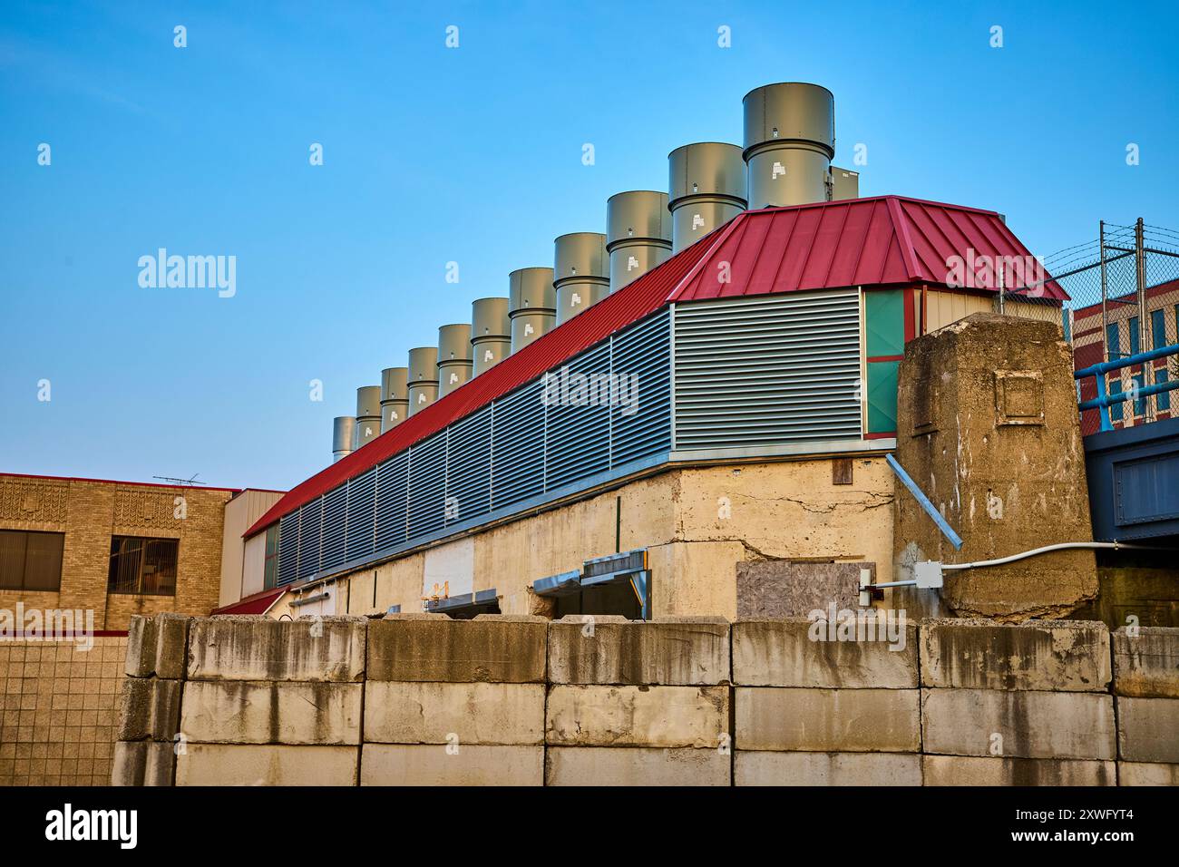 Industrial Building with Exhaust Vents and Sloped Red Roof Aerial View ...