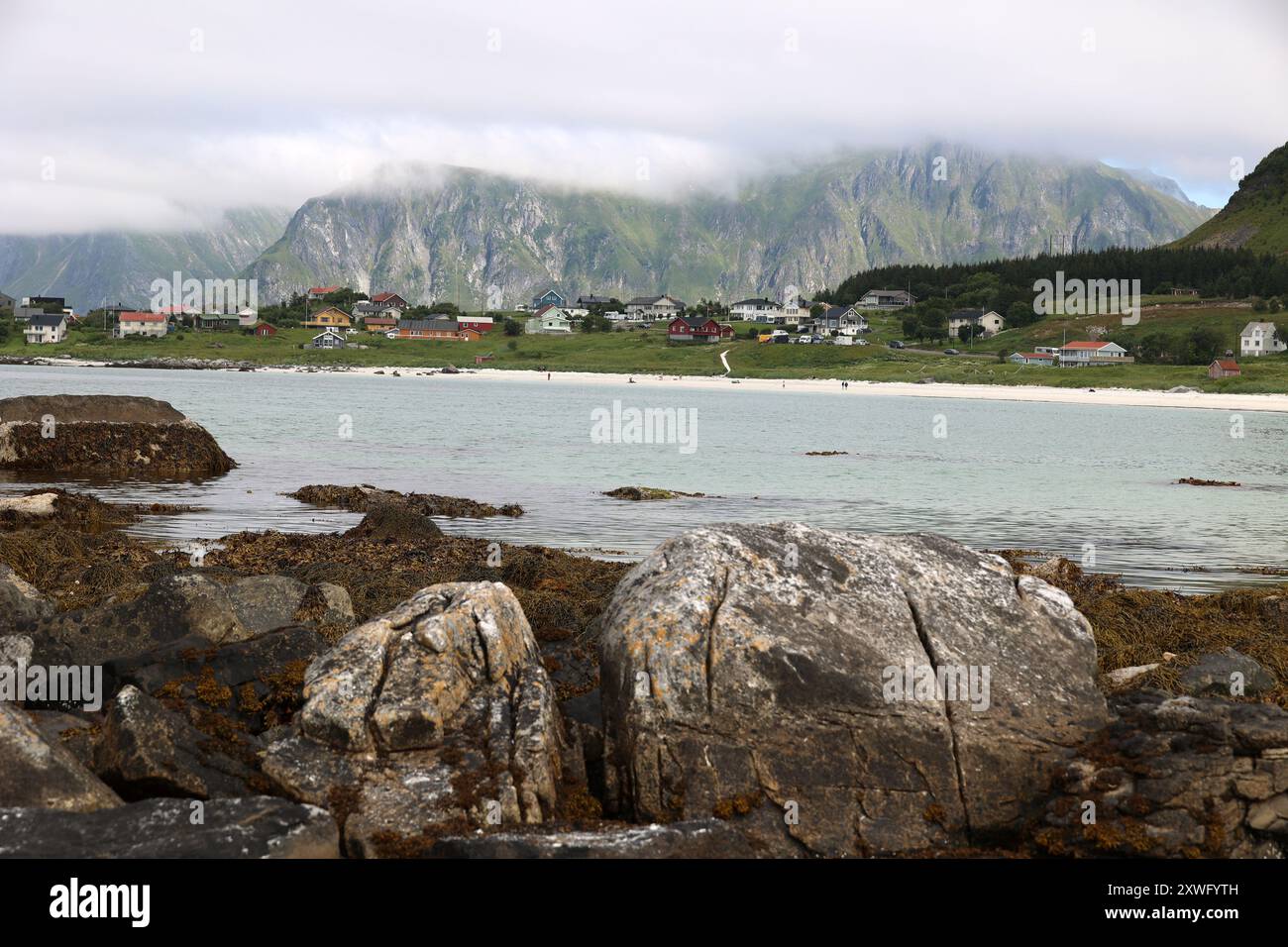 Coastal landscape of the small community of Flakstad on the Lofoten ...