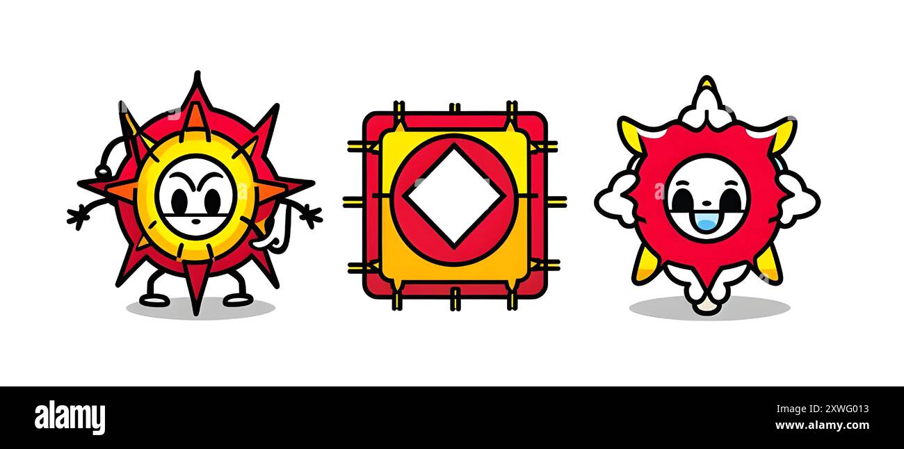 Three Red and Yellow Cartoon Sun Characters Stock Vector Image & Art ...