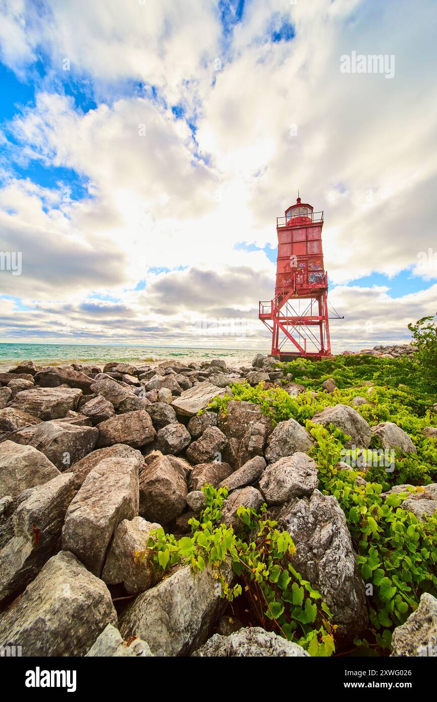 Red Lighthouse on Rocky Shoreline at Golden Hour Low Angle Stock Photo ...