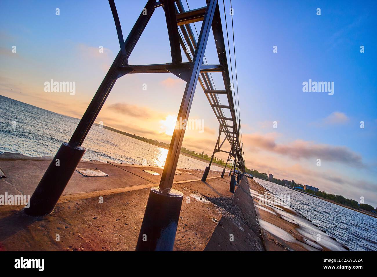 Sunset Coastal Walkway with Metal Structure and Dynamic Perspective ...