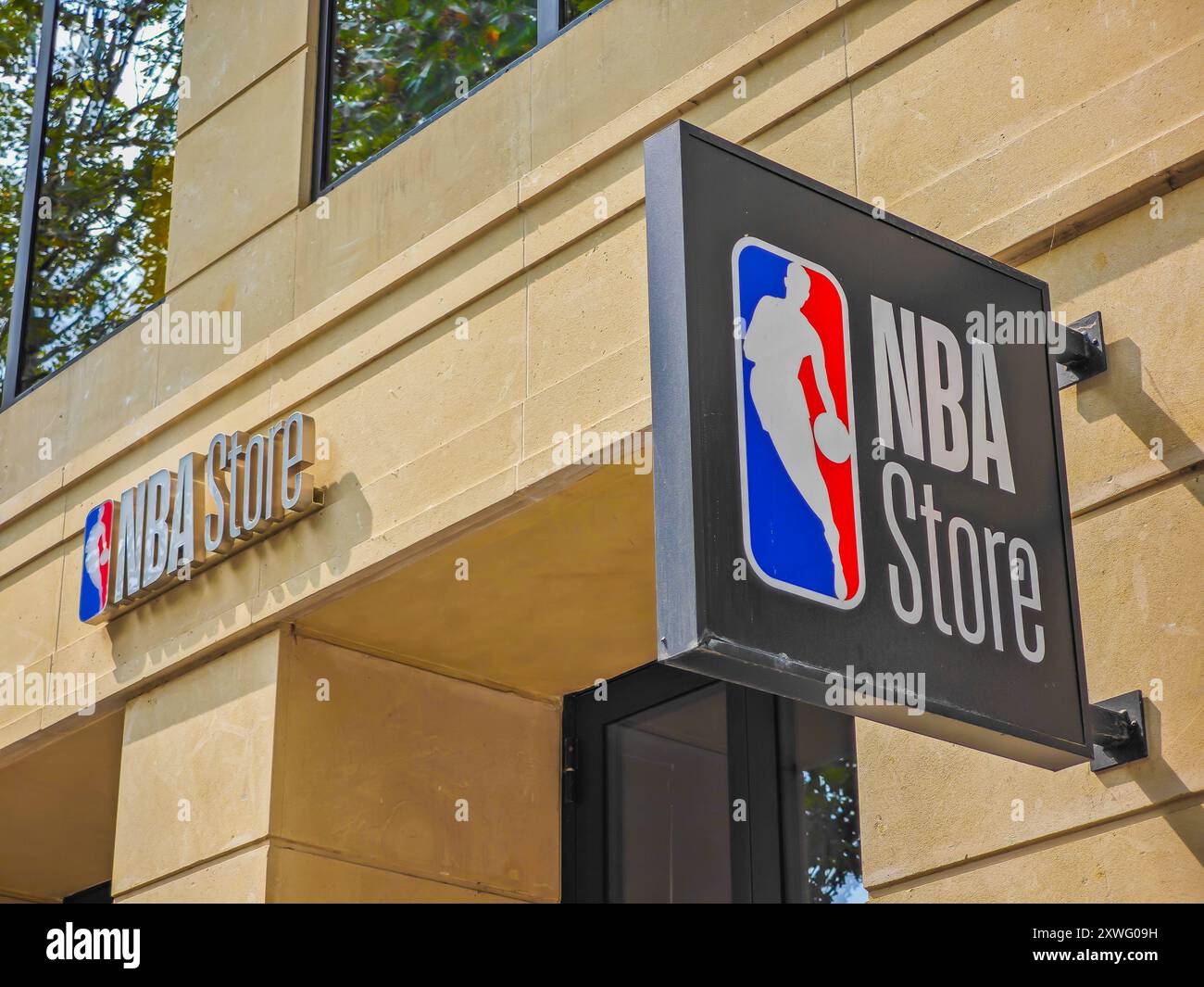 08 19 2024 - Paris, France. NBA store sign with league logo on an old ...