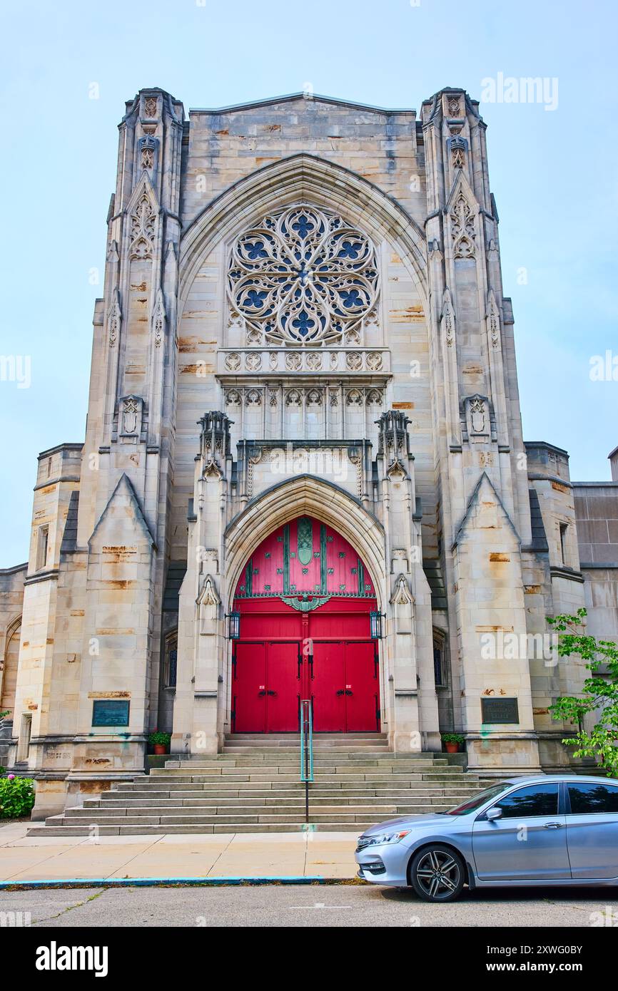 Gothic Cathedral Facade with Red Doors and Rose Window Eye-Level ...