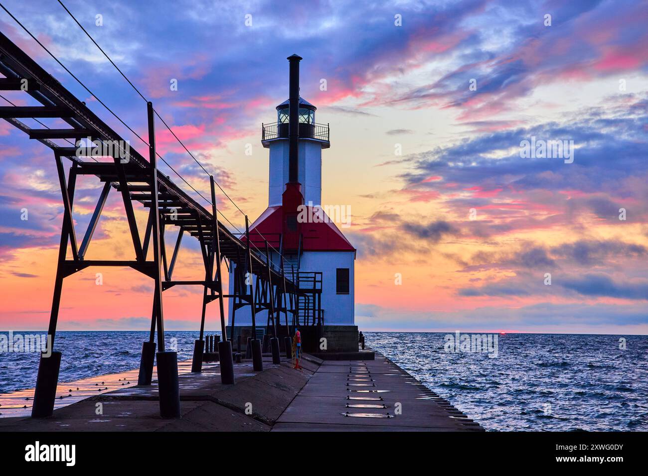 Lighthouse and Pier at Golden Hour Lake Michigan Eye-Level Perspective ...