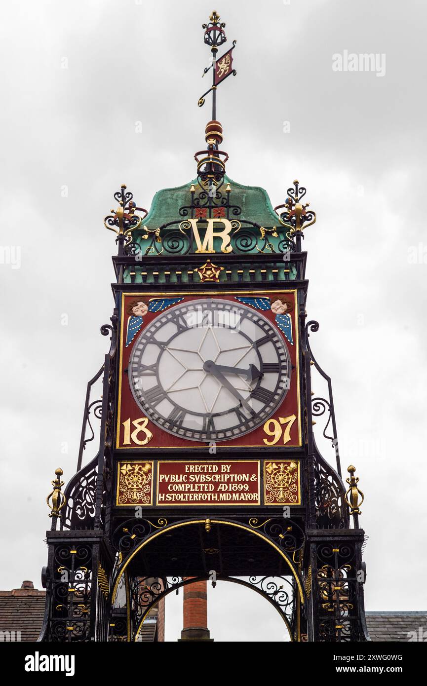 Majestic clock tower at Eastgate, being the Eastgate Clock in Chester ...