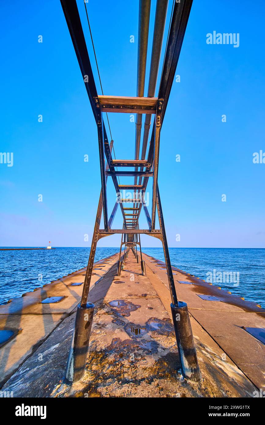 Rustic Pier Extending into Lake Michigan at Sunrise Low Perspective ...