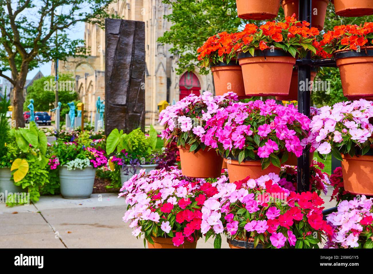 Urban Flower Display and Historic Gothic Building Eye-Level Perspective ...