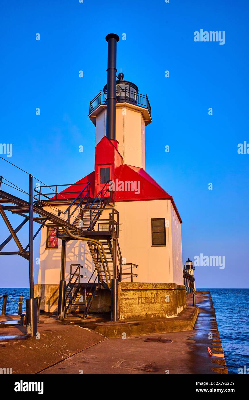 Benton Harbor Lighthouse at Golden Hour from Pier Perspective Stock ...