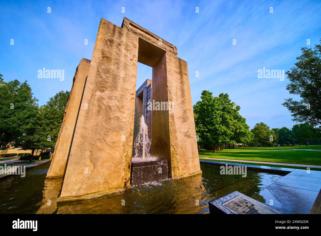 Stone Fountain Monument in Tranquil Park Low Angle Perspective Stock ...