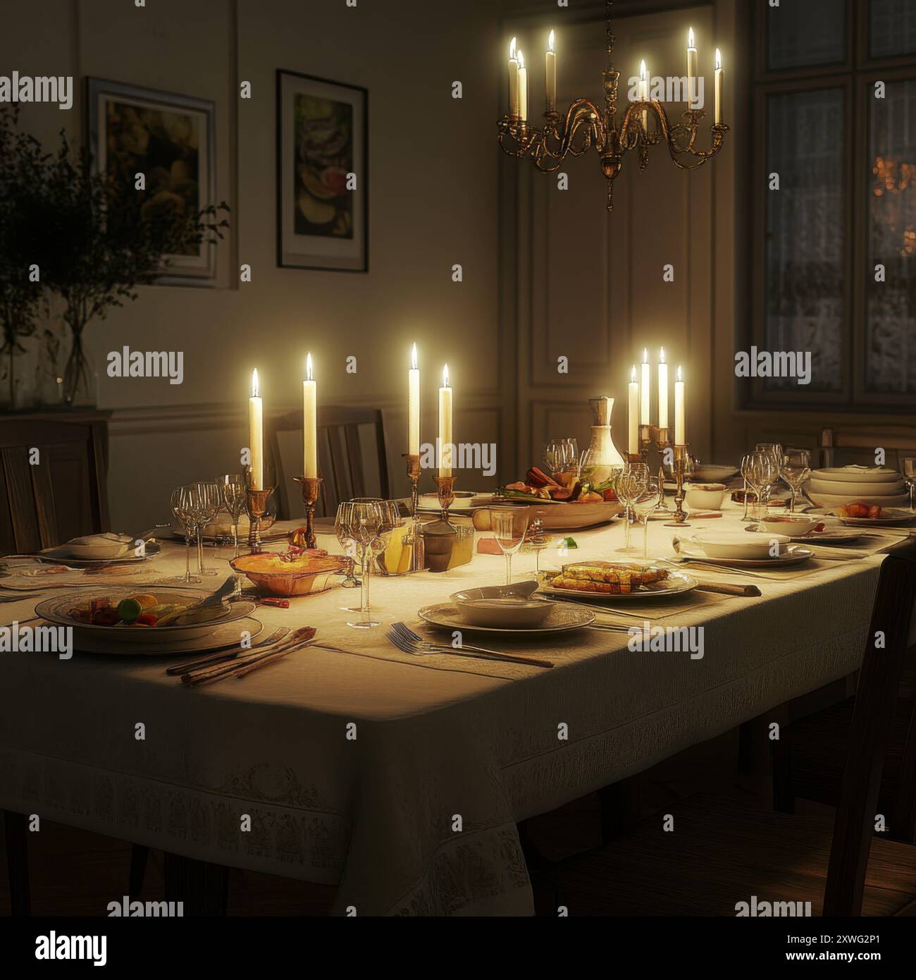 An inviting, beautifully candlelit dining table, exquisitely set for an ...