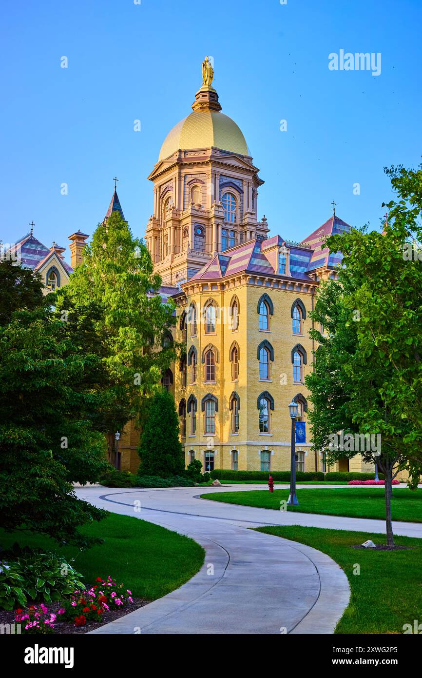 Golden Dome of Notre Dame Campus with Lush Gardens Eye-Level View Stock ...