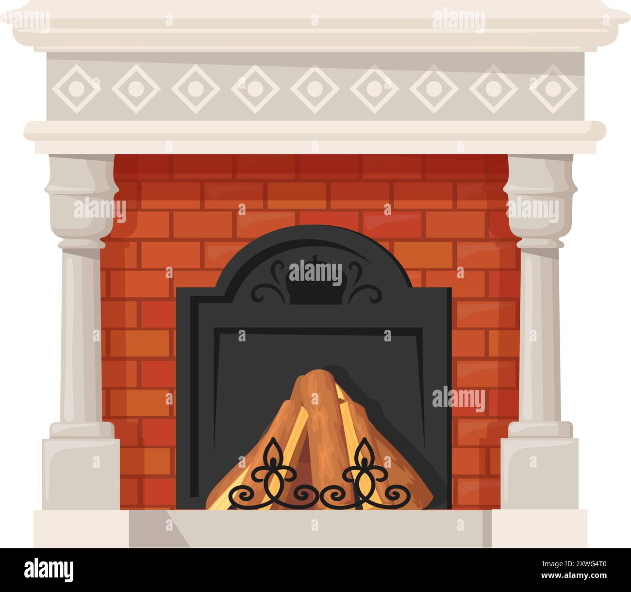 Stone fireplace. Cartoon interior heat stove icon isolated on white background Stock Vector ...