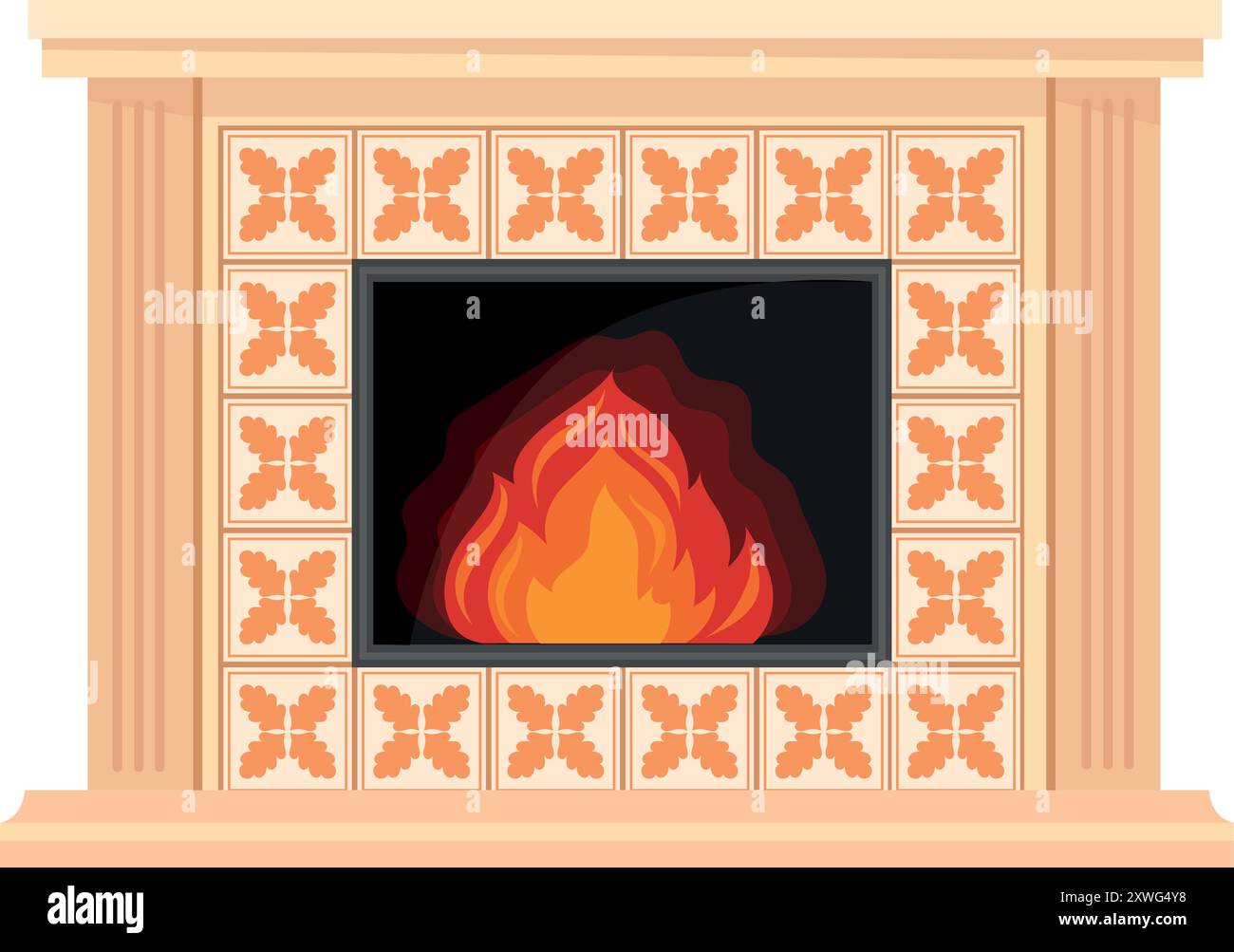 Decorative fireplace with ornate ceramic tiles cartoon icon isolated on ...