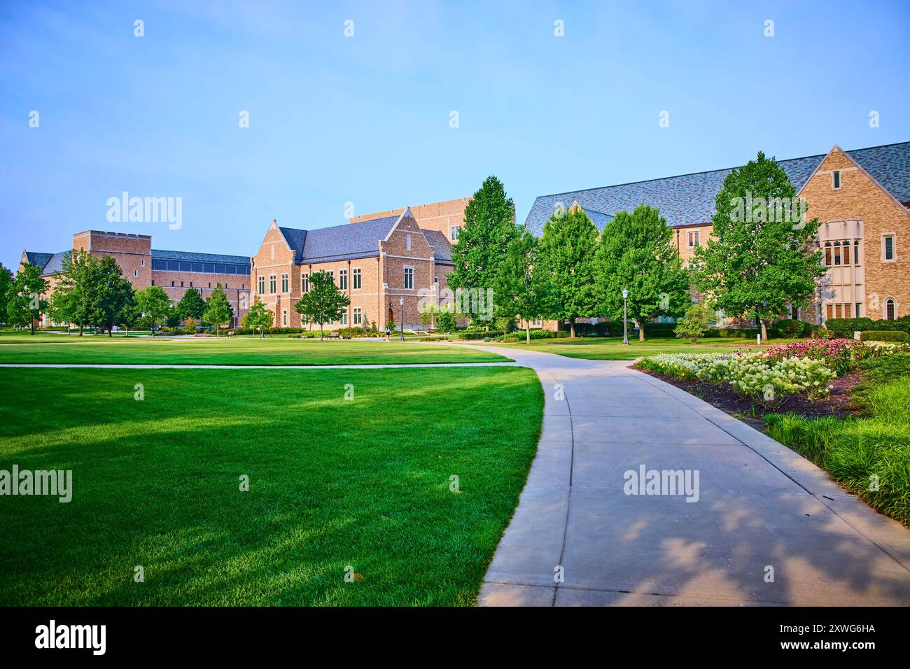 Classic Brick University Buildings with Serene Pathway Eye-Level ...
