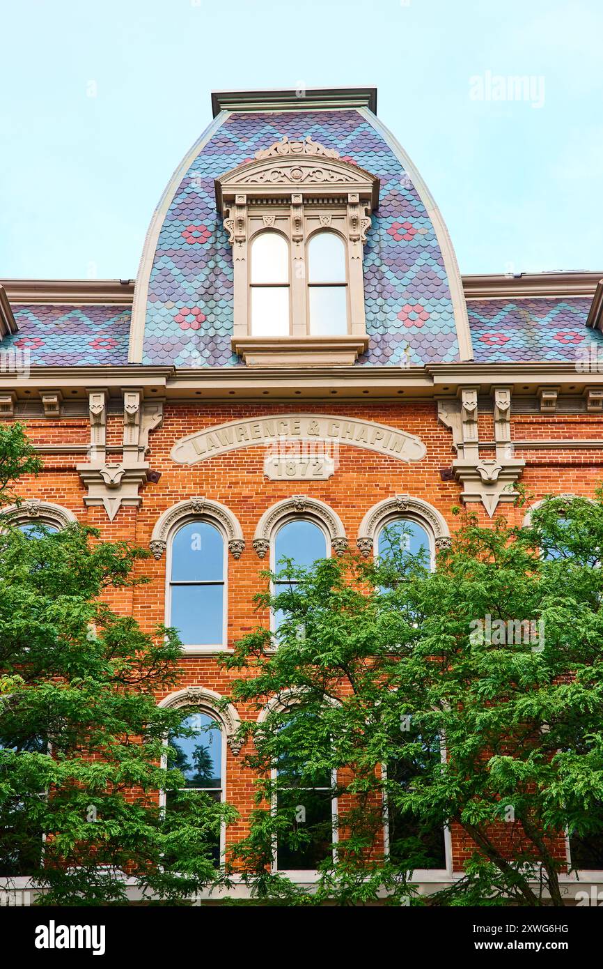 Ornate Historical Brick Building Facade with Arched Windows and Gable ...