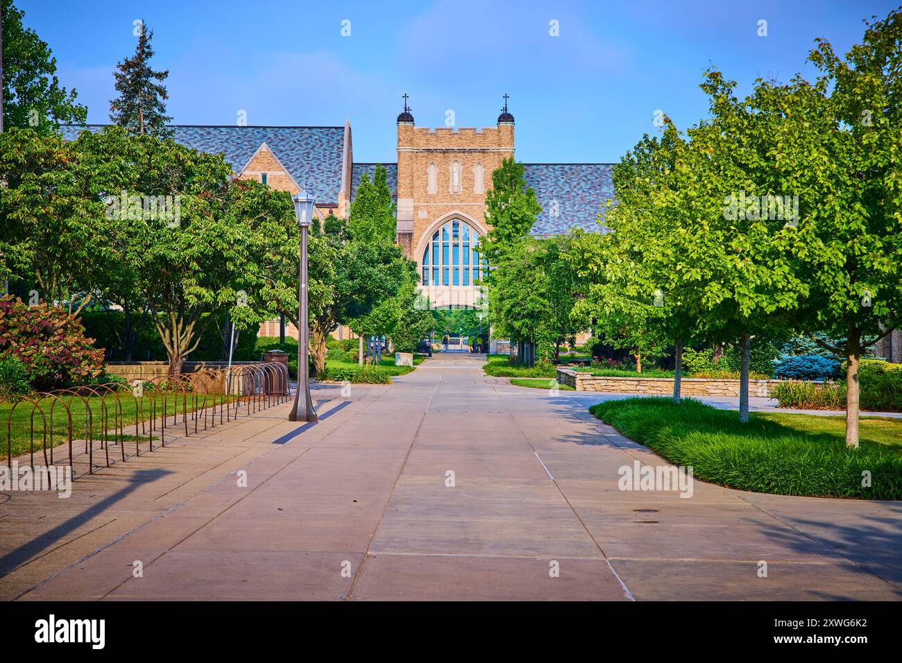 University Campus Pathway Leading to Historic Building Eye-Level View ...