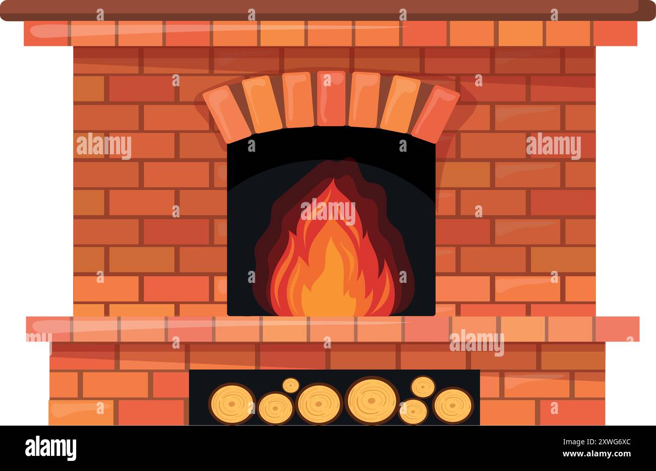 Brick fireplace with burning firewood. Cartoon home fire isolated on ...