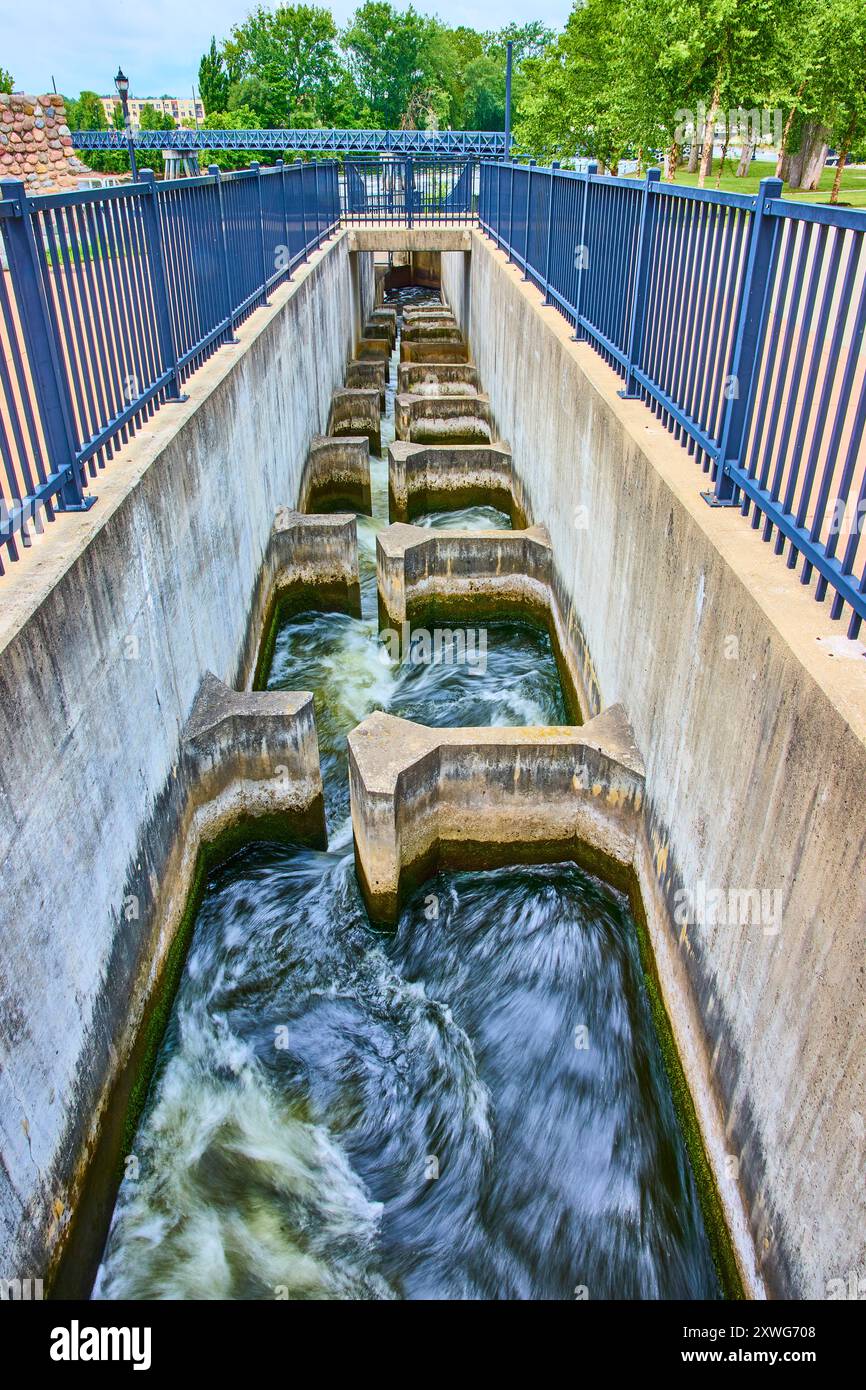 Concrete Fish Ladder in Park with Blue Railings and Bridge Eye-Level ...