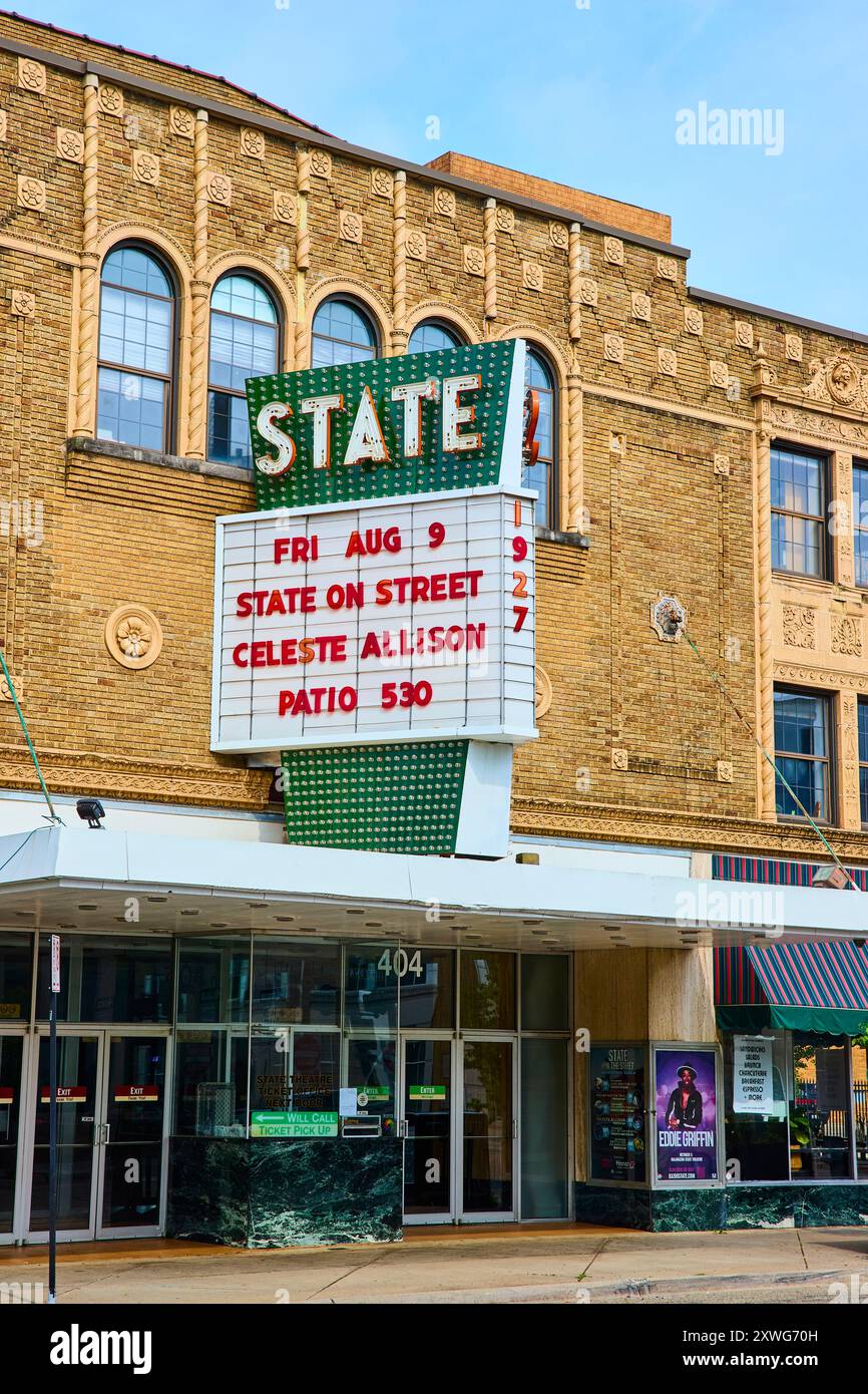 Historic State Theatre Facade with Illuminated Marquee Eye-Level ...
