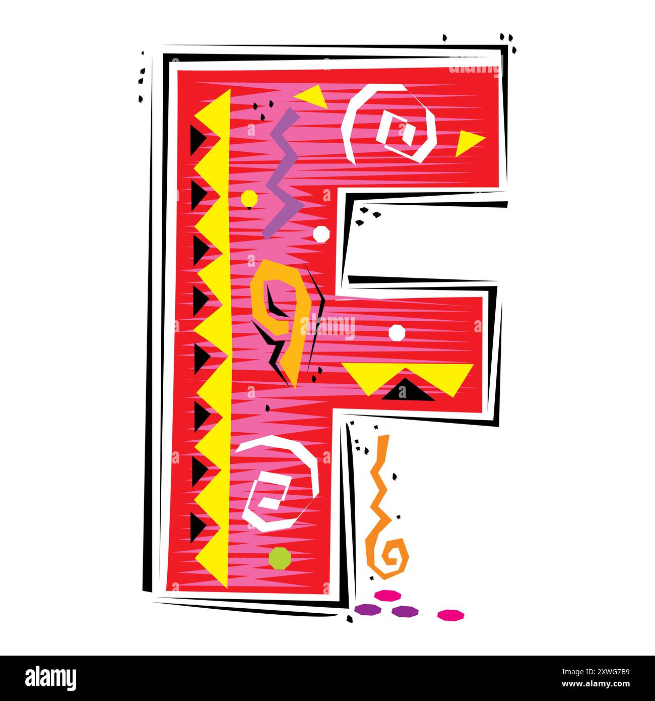 A decorative letter F in a Fiesta style with red, pink lines, and ...