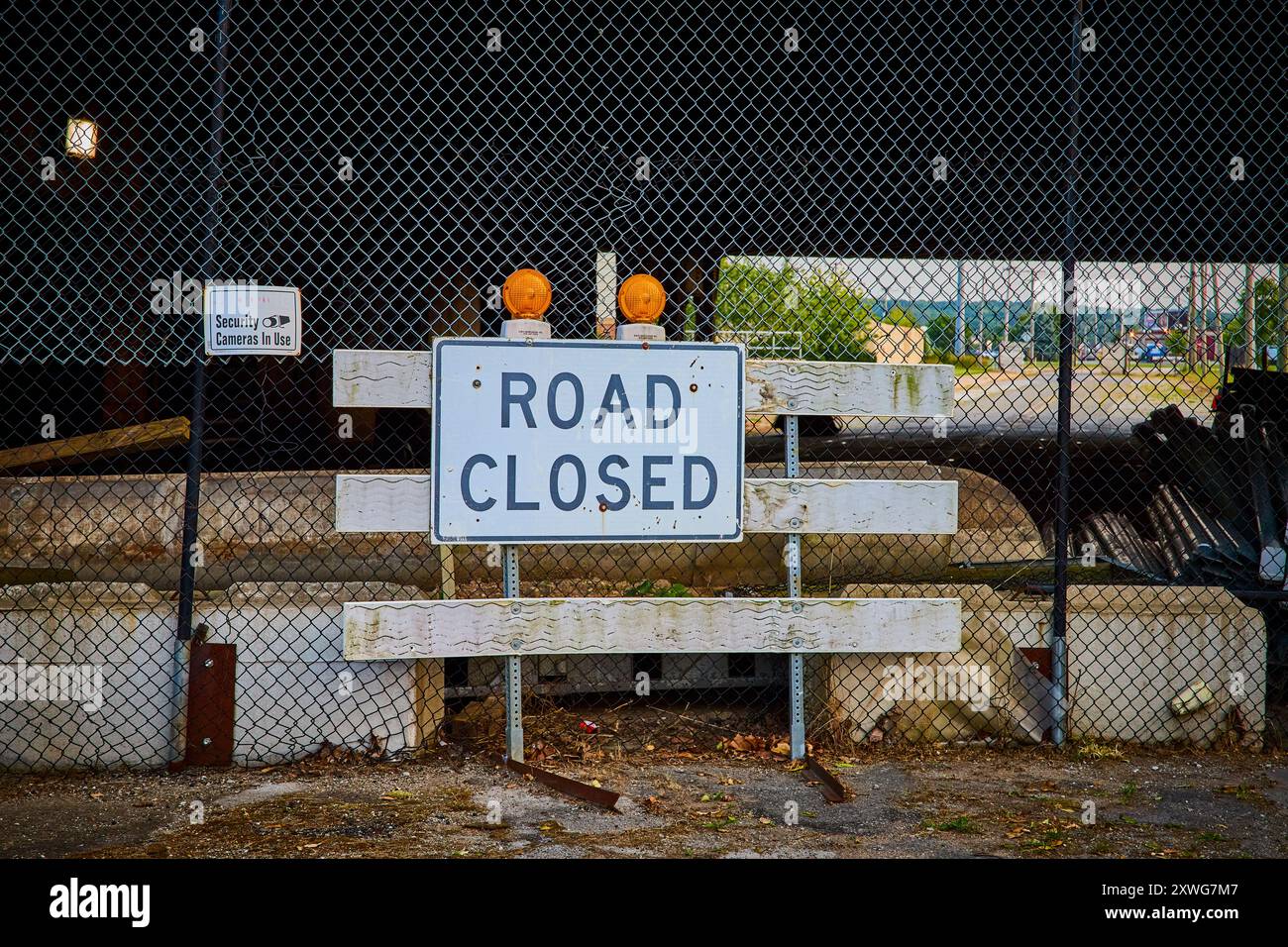 Road Closed Barricade with Warning Lights and Security Sign Eye-Level ...