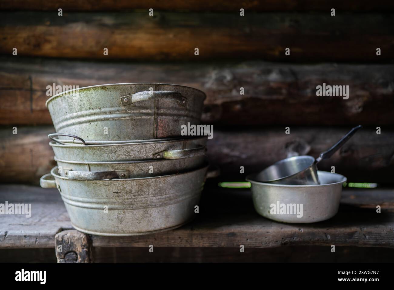 Vintage Zinc wash basins in a smoke sauna. Zinc wash basins on the ...