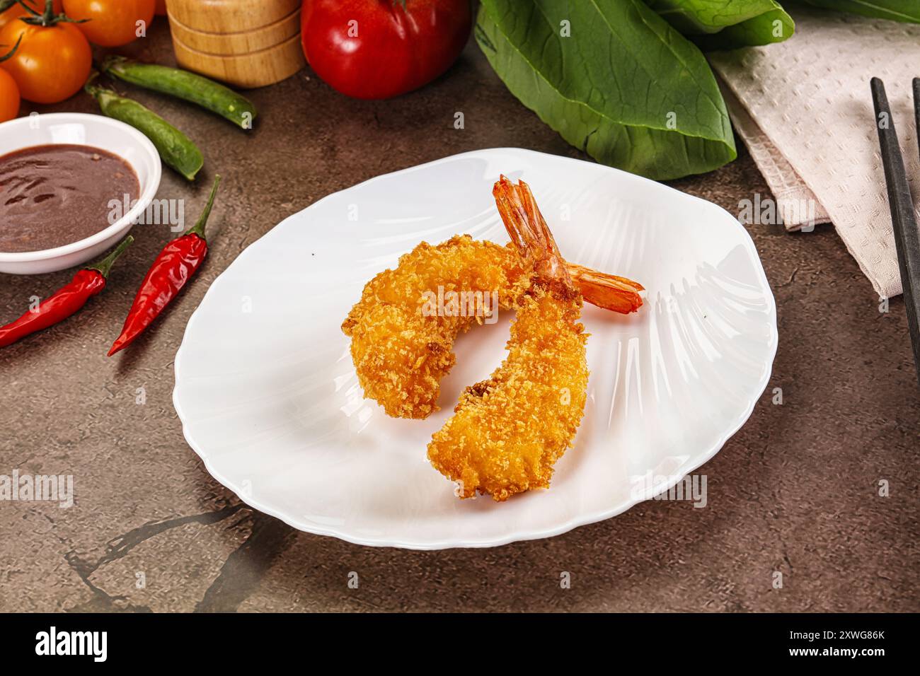 Crispy breaded golden fried prawns with sauce Stock Photo - Alamy