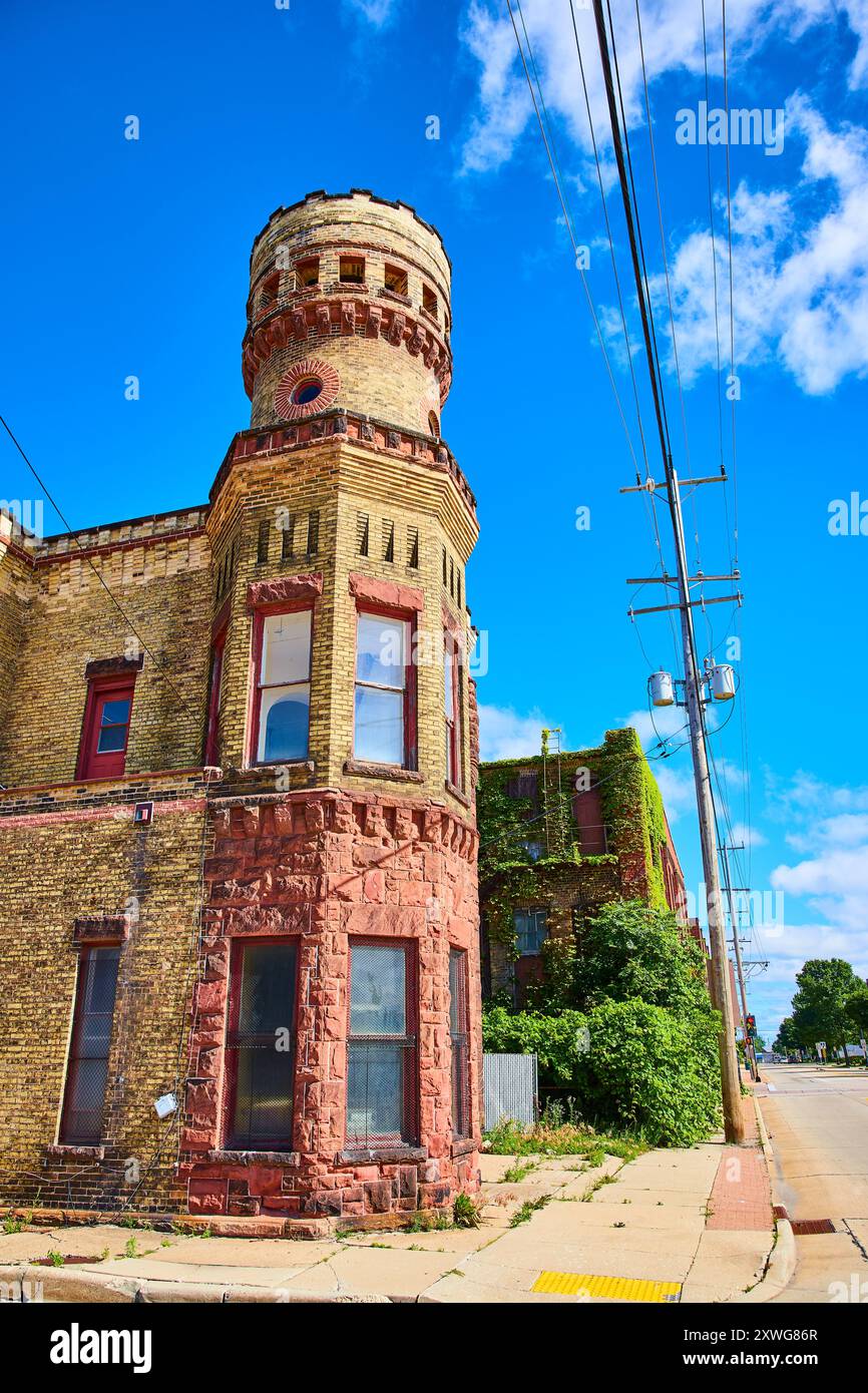 Historic Brick Building with Turret and Stone Details at Eye Level ...