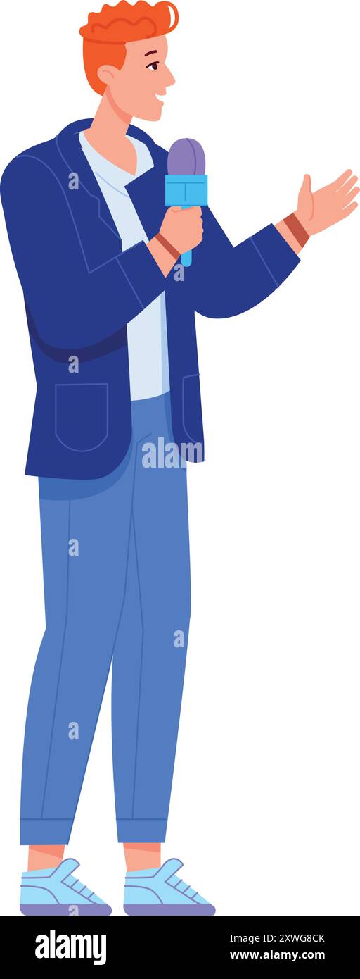 Tv reporter talking. Live stream newscaster character isolated on white ...