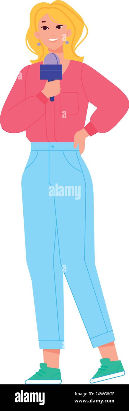 Media press reporter character. Woman talking with microphone isolated ...