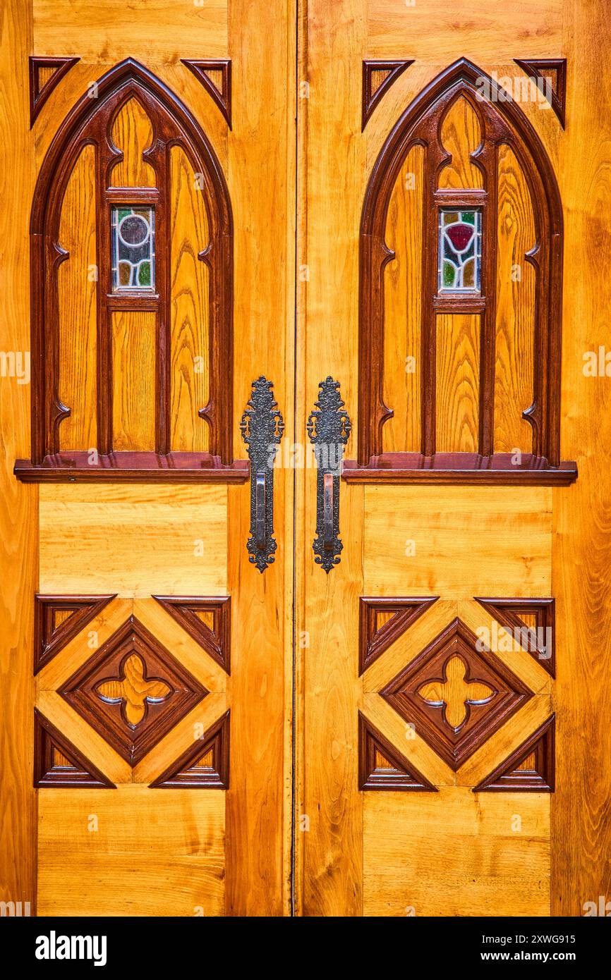 Gothic Wooden Doors with Stained Glass Close-Up Stock Photo - Alamy