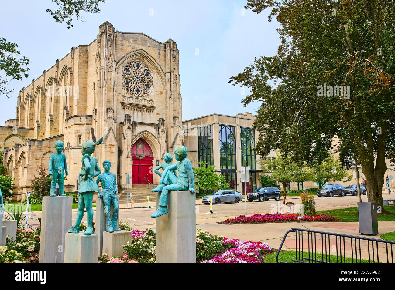 Historic Gothic Church with Public Art in Urban Park at Eye Level ...