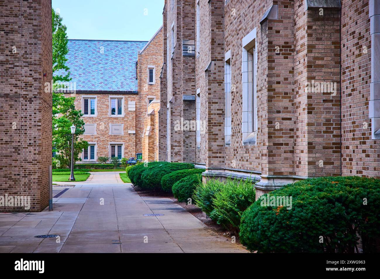 Brick Academic Buildings on Manicured Campus Pathway Eye-Level ...