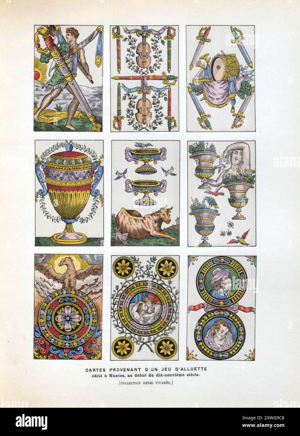 Deck of Cards of a game of "Alluette". Vintage Illustration of French ...