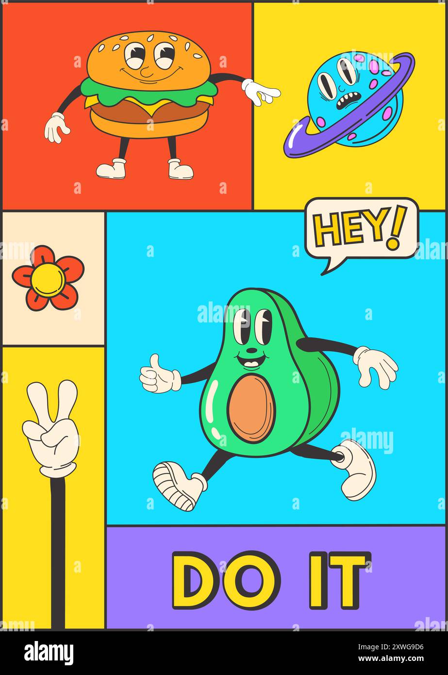 Retro comic mascot poster template. Crazy characters. Vector ...