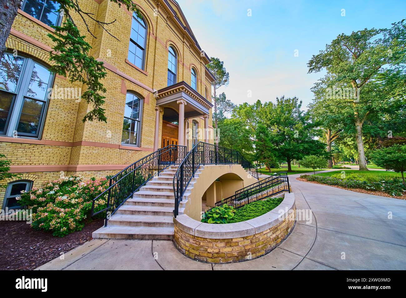 Historic University Building with Grand Staircase and Garden from Low ...