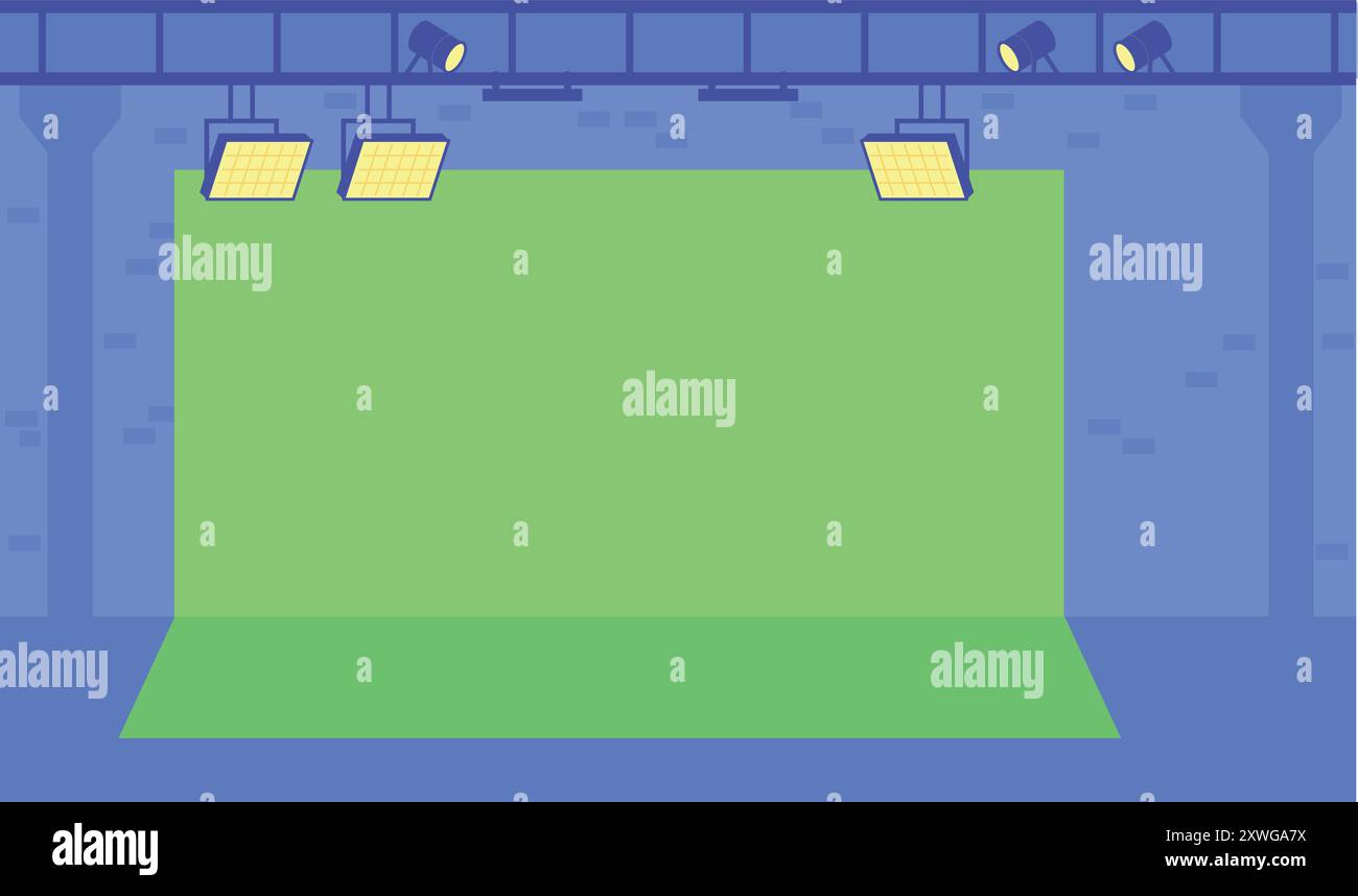 Green screen stage. Chroma key backstage for film production. Vector ...
