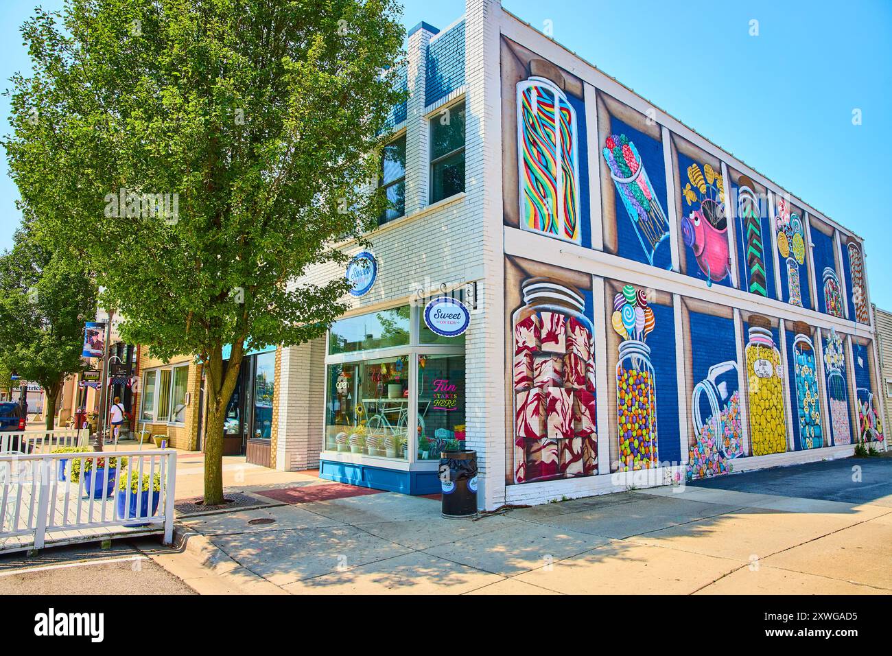 Candy Mural and Sweet Shop in Three Oaks Eye-Level Perspective Stock ...
