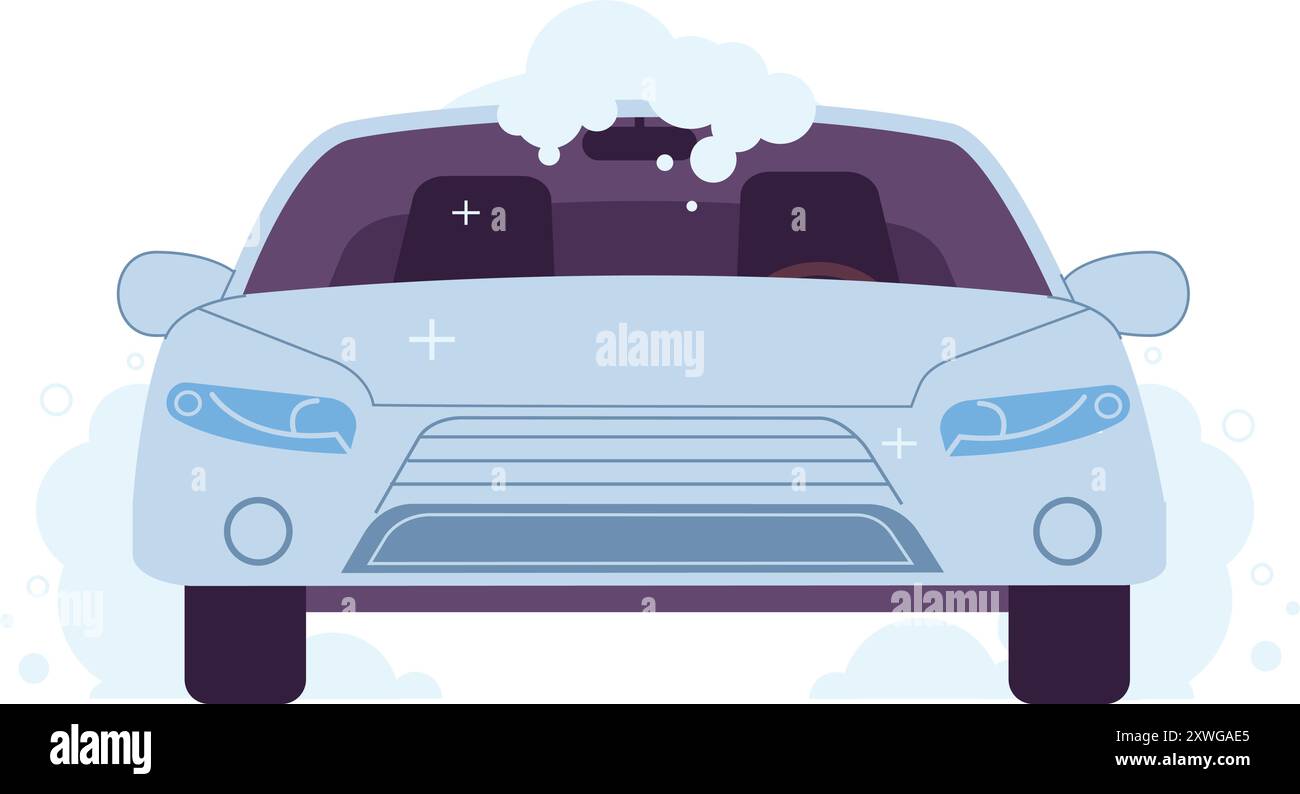 Car with cleaning foam front view. Professional auto wash isolated on ...