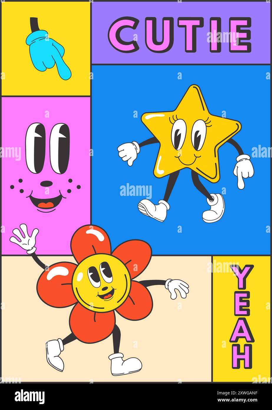 Trendy banner with retro cartoon mascots. Crazy style poster template ...