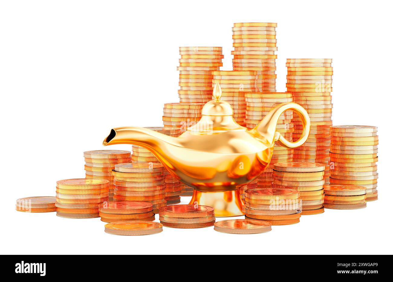 Aladdin magic lamp with heap of golden coins, 3D rendering isolated on ...