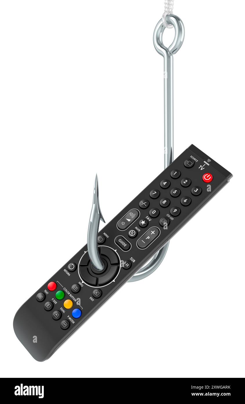 TV remote control on the fishing hook. TV dependence and brainwash ...