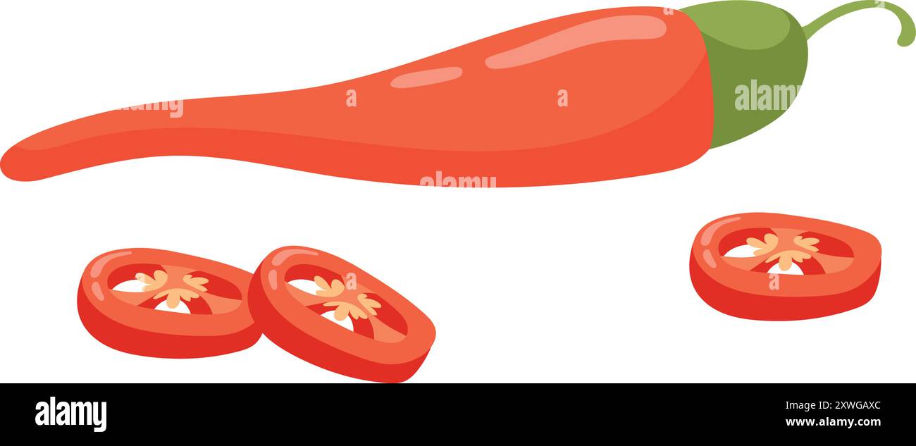 Red pepper cartoon icon. Whole vegetable and slices isolated on white ...