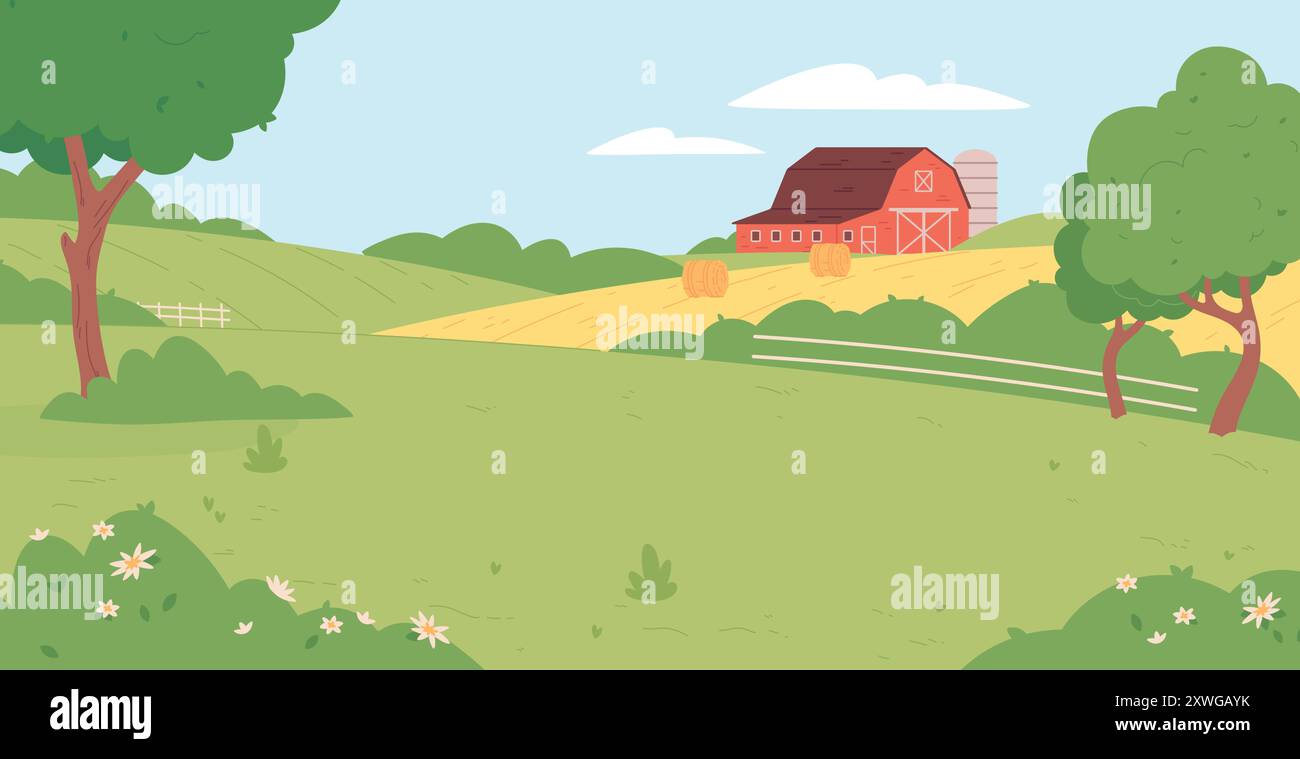 Farm landscape. Rural green background. Countryside scenery. Vector ...